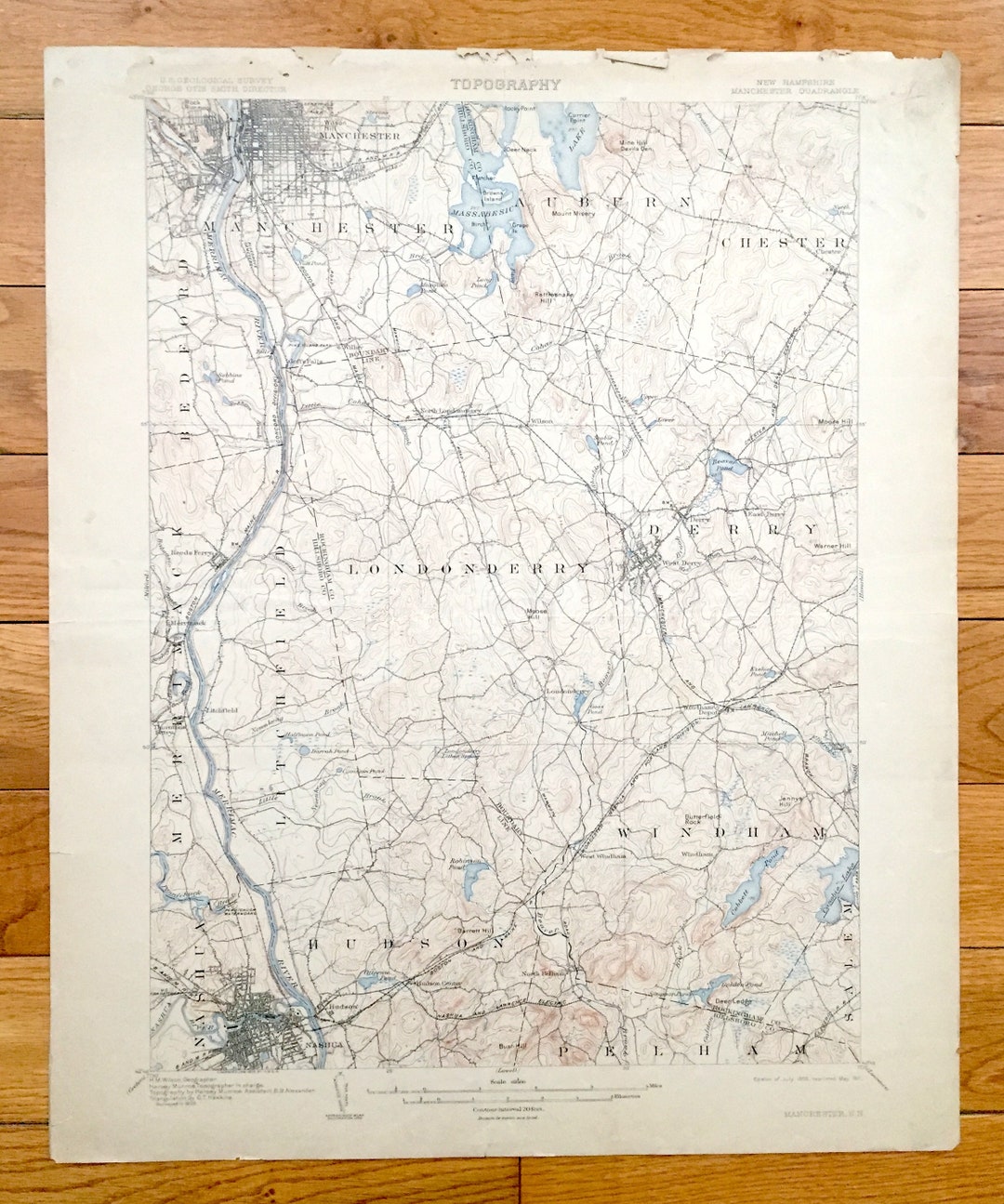 Antique Manchester, New Hampshire 1905 US Geological Survey Topographic ...