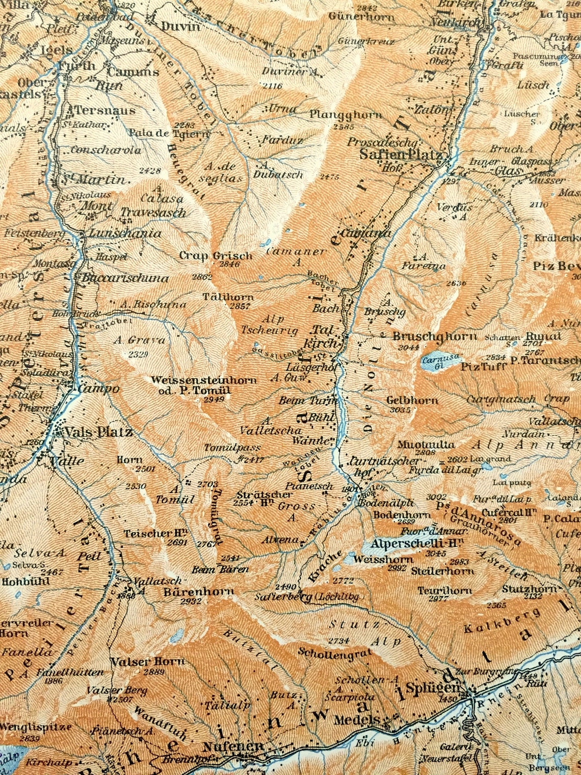 Antique 1913 Vals Platz, Switzerland Map From Baedekers Guide Atlas ...