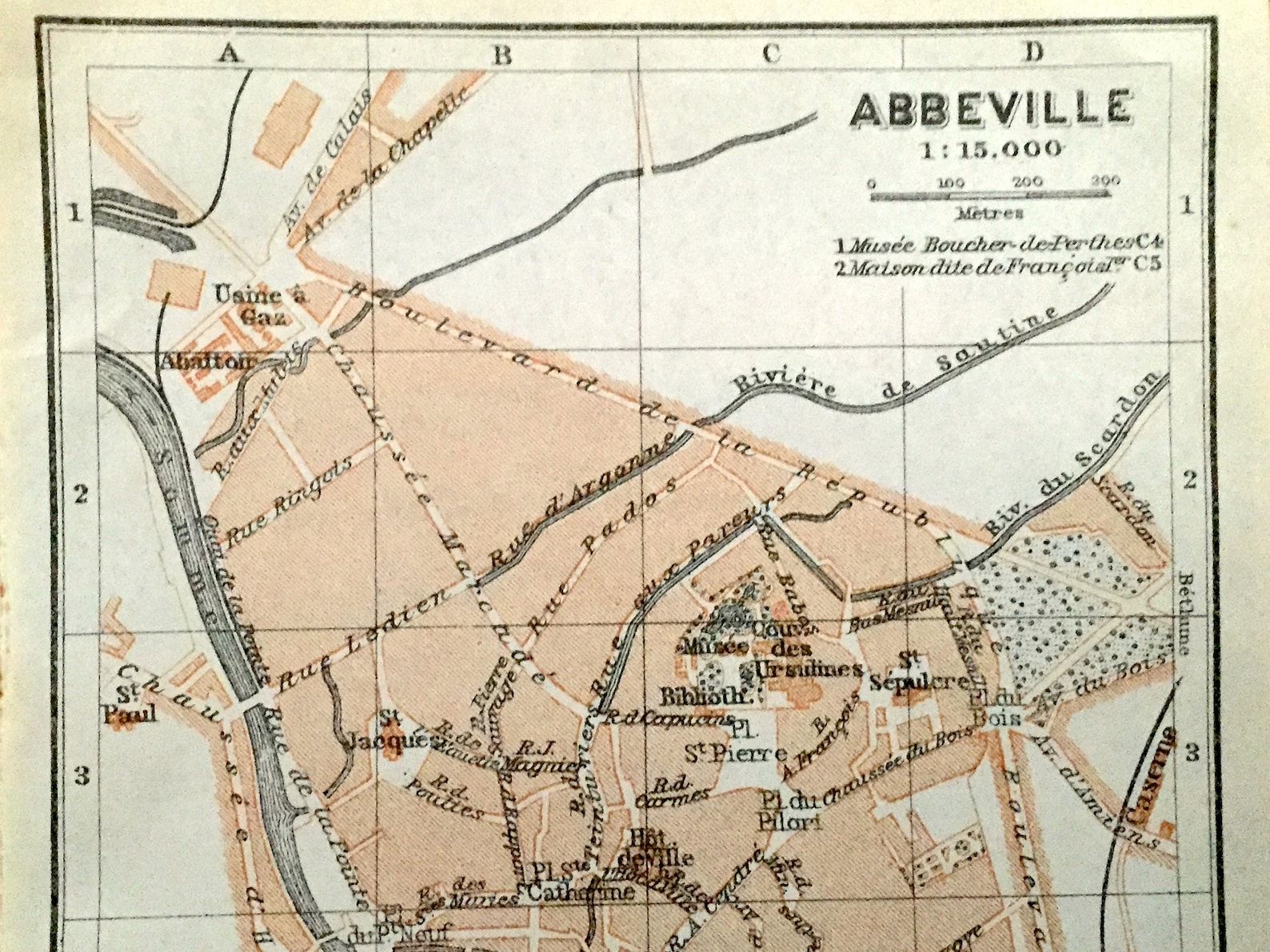 Antique 1909 Abbeville, France Map From Baedekers Guide Atlas Hotel ...