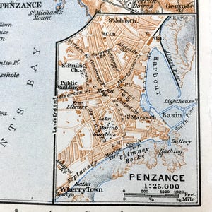 Antique 1927 Penzance & Lizard Point, England Map From Baedekers Atlas ...