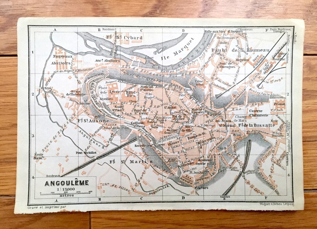 Antique 1914 Angouleme, France Map From Baedekers Guide Atlas ...