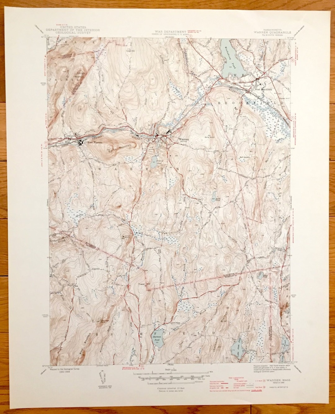 Antique Warren, Massachusetts 1946 US Geological Survey Topographic Map ...