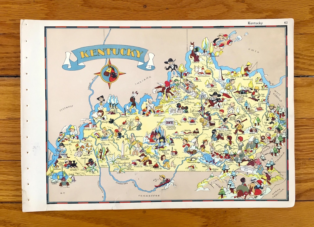 Antique 1938 Kentucky State Map From Our Gay Geography by Ruth Taylor ...