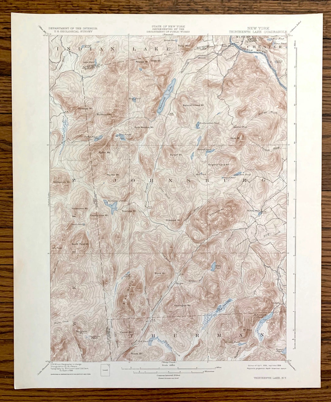 Antique Thirteenth Lake, New York 1898 US Geological Survey Topographic ...
