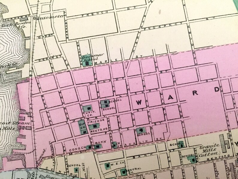 Antique 1871 City of Fall River, Massachusetts Map From F.W. Beers ...