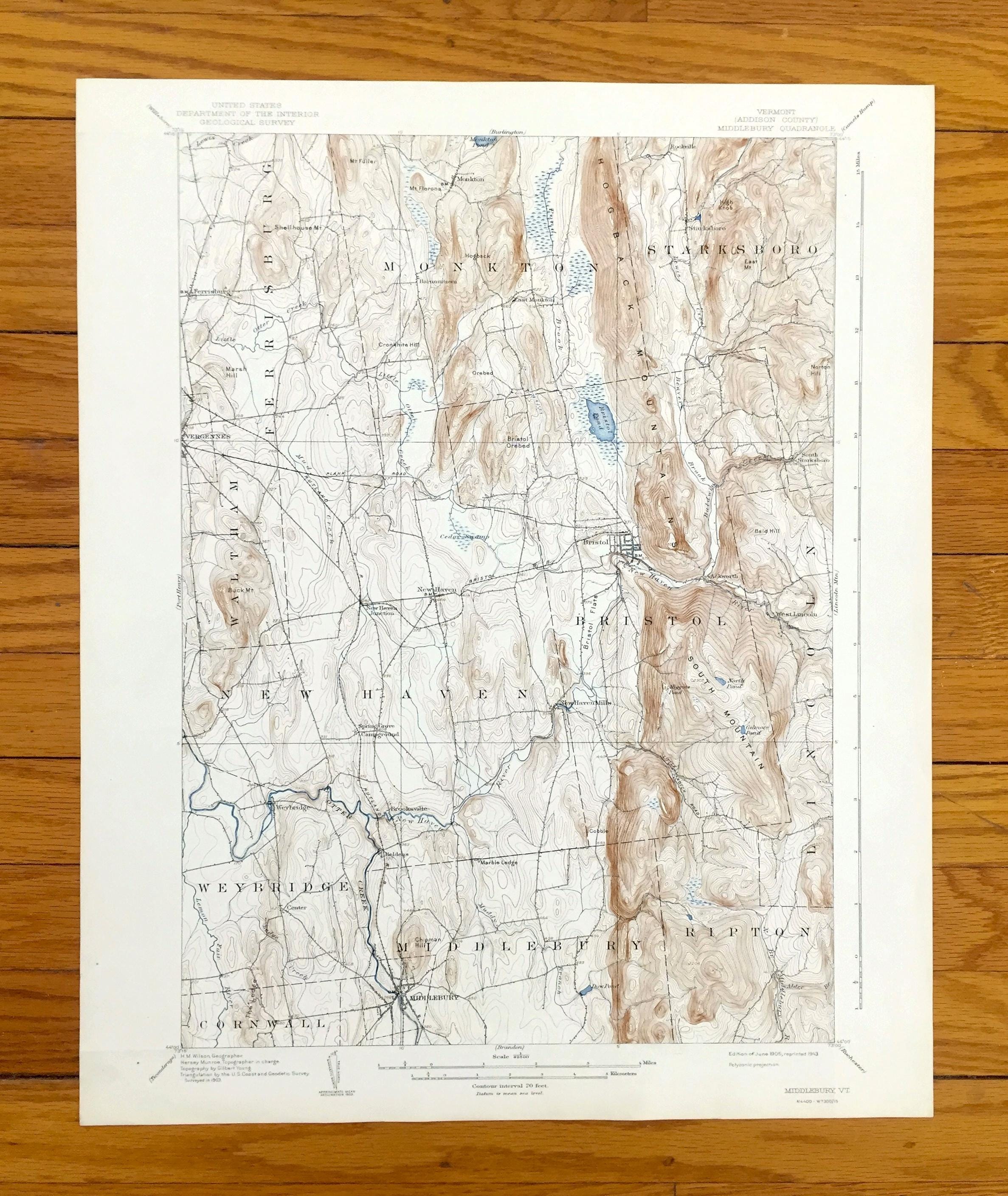 Antique Middlebury, Vermont 1905 US Geological Survey Topographic Map ...
