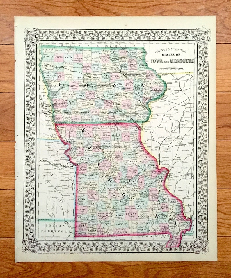 Antique 1871 Iowa & Missouri State Map by S.A. Mitchell - Etsy