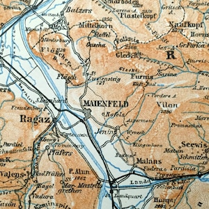Antique 1913 Maienfeld, Switzerland Map From Baedekers Guide Atlas ...