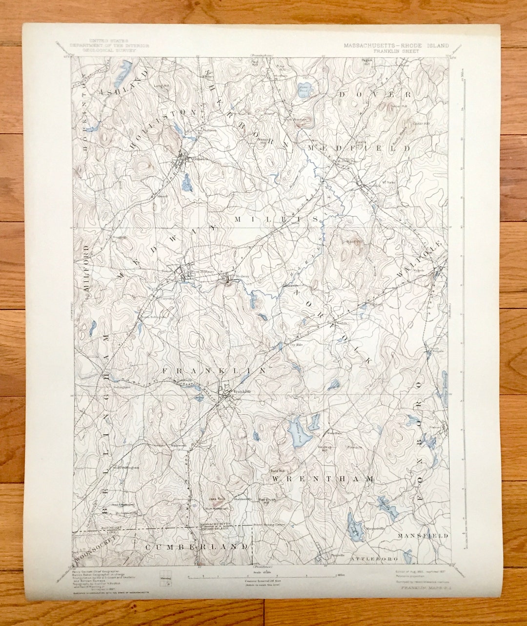 Antique Franklin, Massachusetts 1893 US Geological Survey Topographic ...