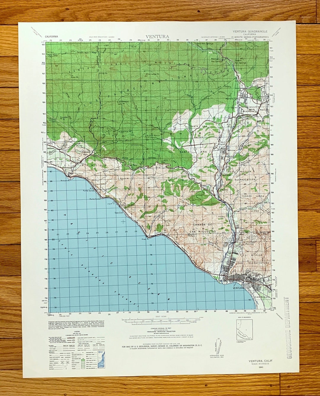 Antique Ventura, California 1941 US Geological Survey Topographic Map ...