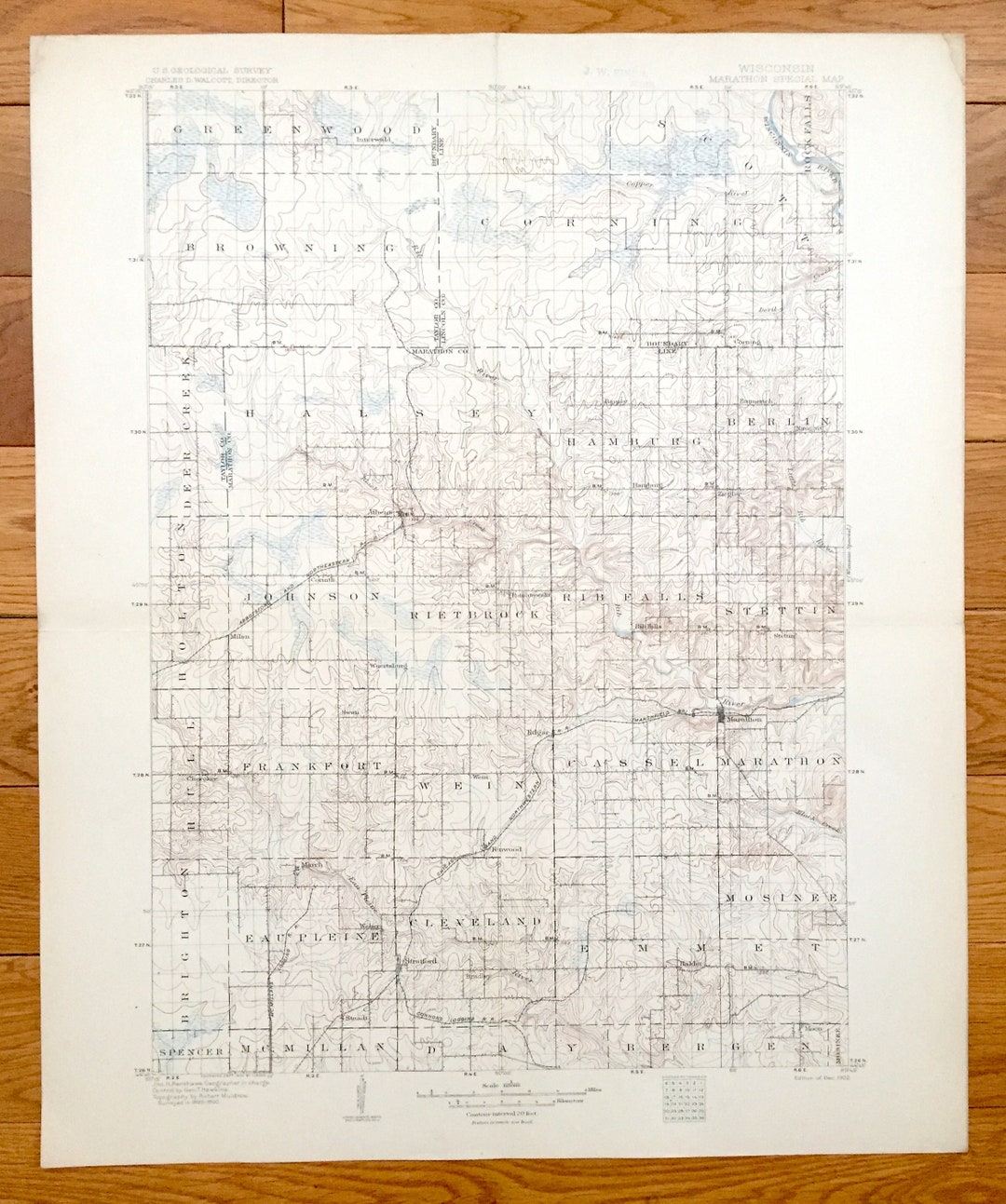 Antique Marathon, Wisconsin 1902 US Geological Survey Topographic Map ...