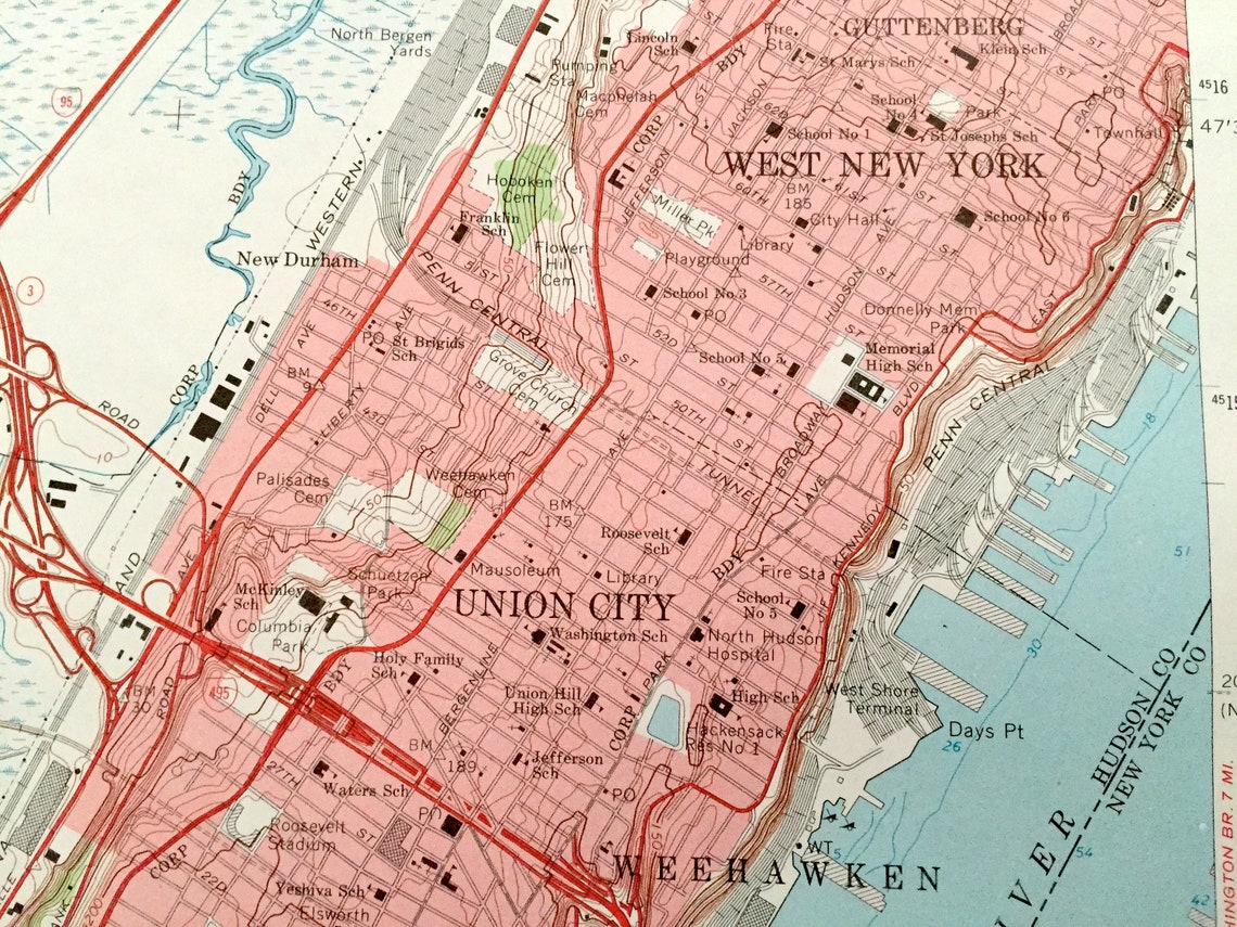 Antique Weehawken New Jersey 1955 US Geological Survey - Etsy