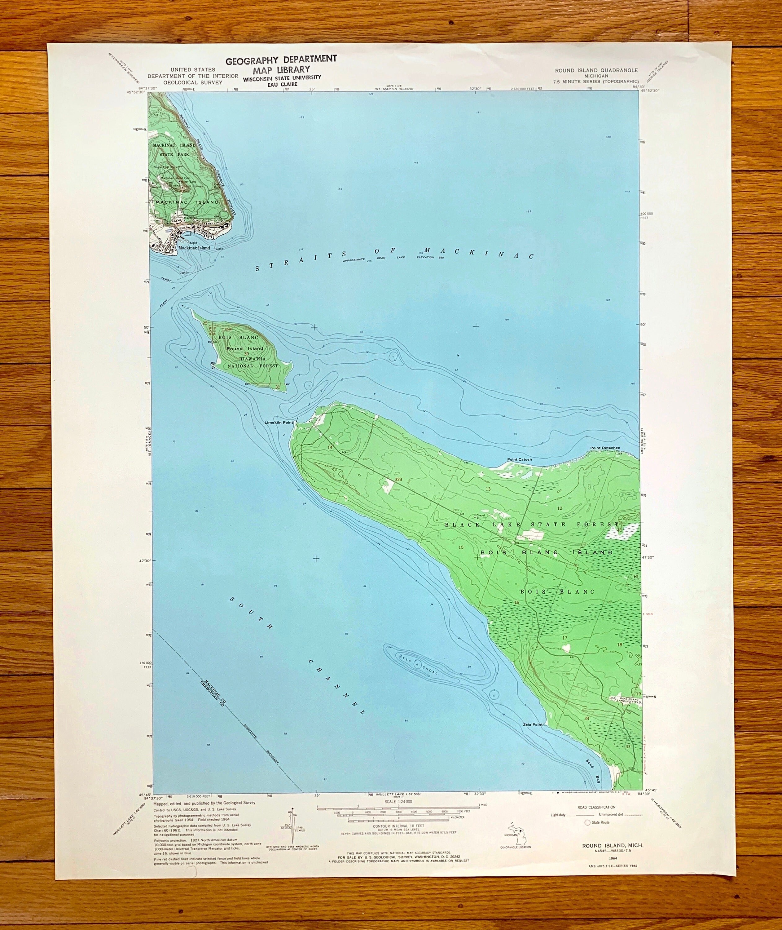 Antique Round Island, Michigan 1964 US Geological Survey Topographic ...