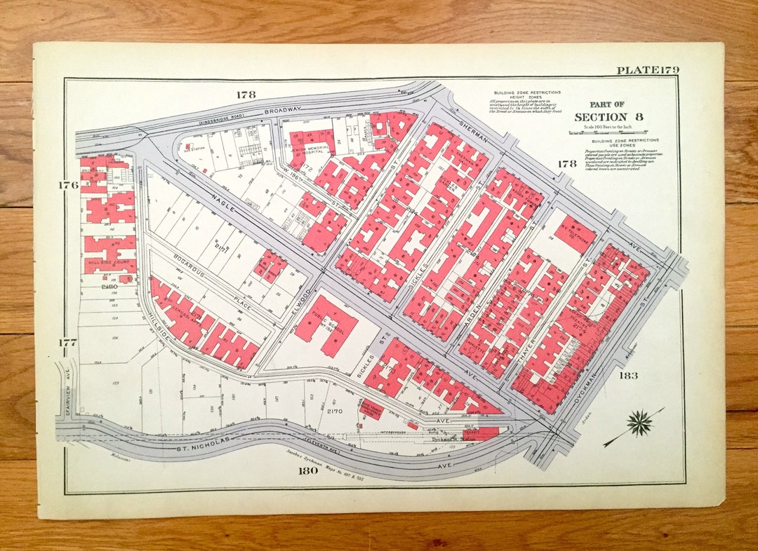 Antique Manhattan, New York City Map From Bromley's 1934 Manhattan Land ...