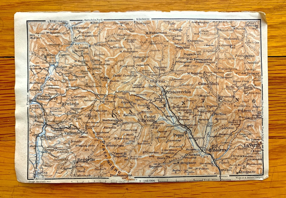 Antique 1913 Tuscany, Italy Map From Baedekers Guide – Pratovecchio ...