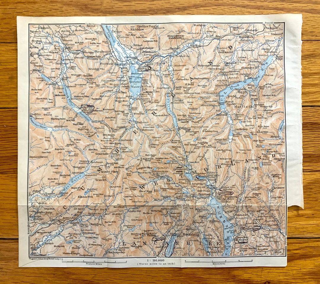 Antique 1906 Lake District, England Map From Baedekers Atlas of Great ...