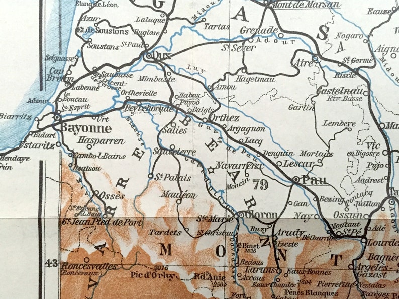 Antique 1914 Southwest France Map From Baedekers Guide Atlas | Etsy