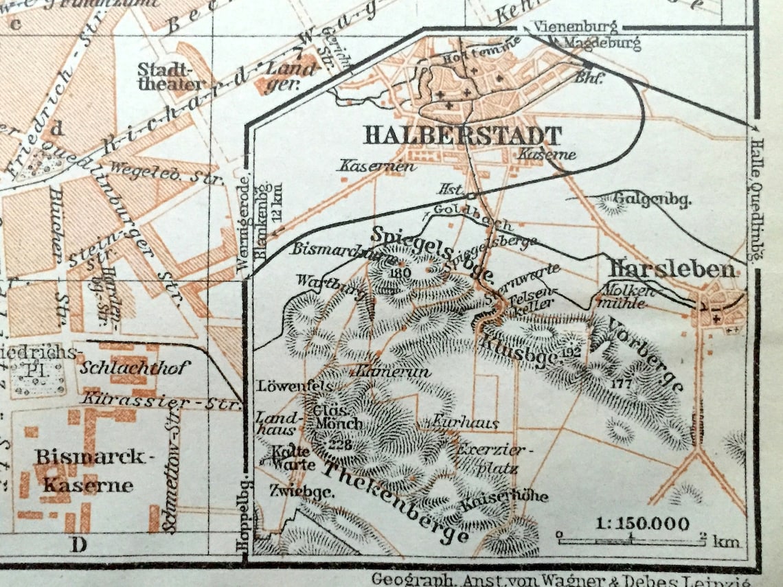 Antique 1925 Halberstadt, Germany Map From Baedekers Guide Atlas ...