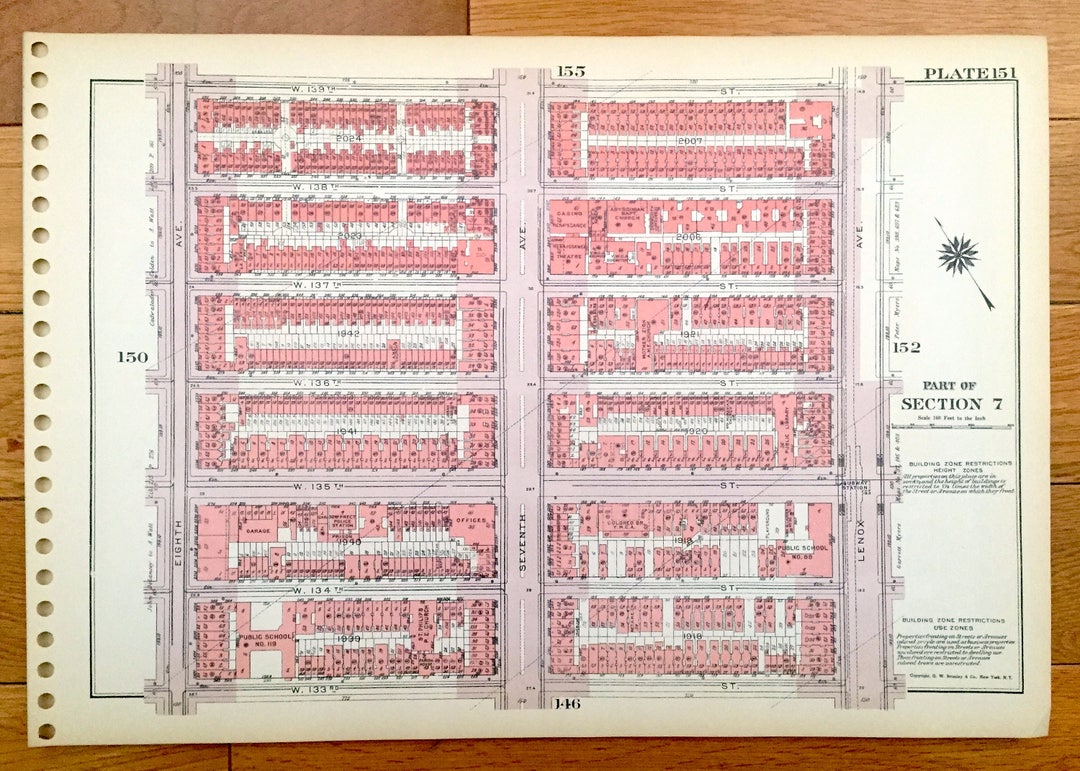 Antique Manhattan, New York City Map From Bromley's 1955 Manhattan Land ...
