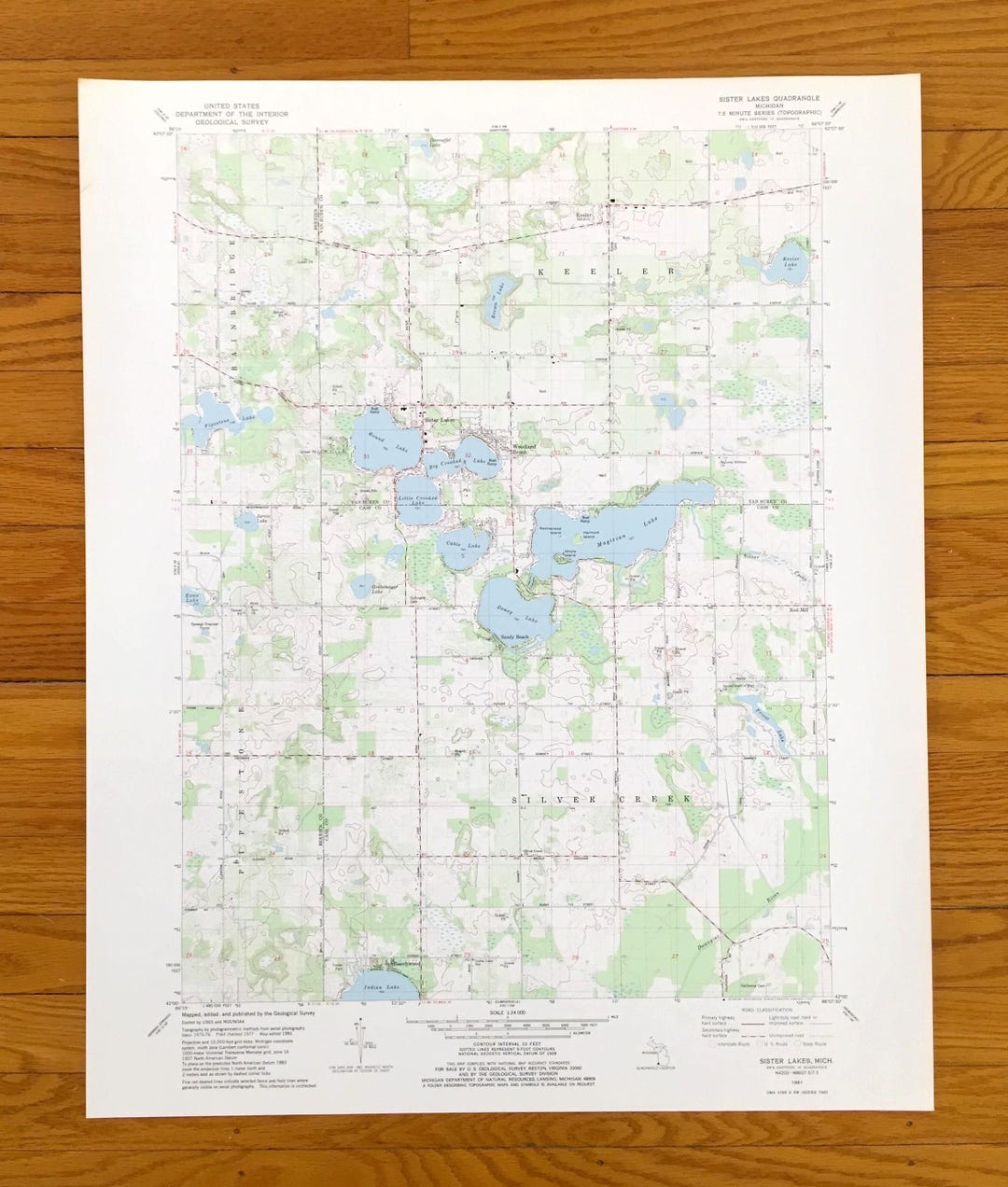 Antique Sister Lakes, Michigan, 1981 US Geological Survey Topographic ...
