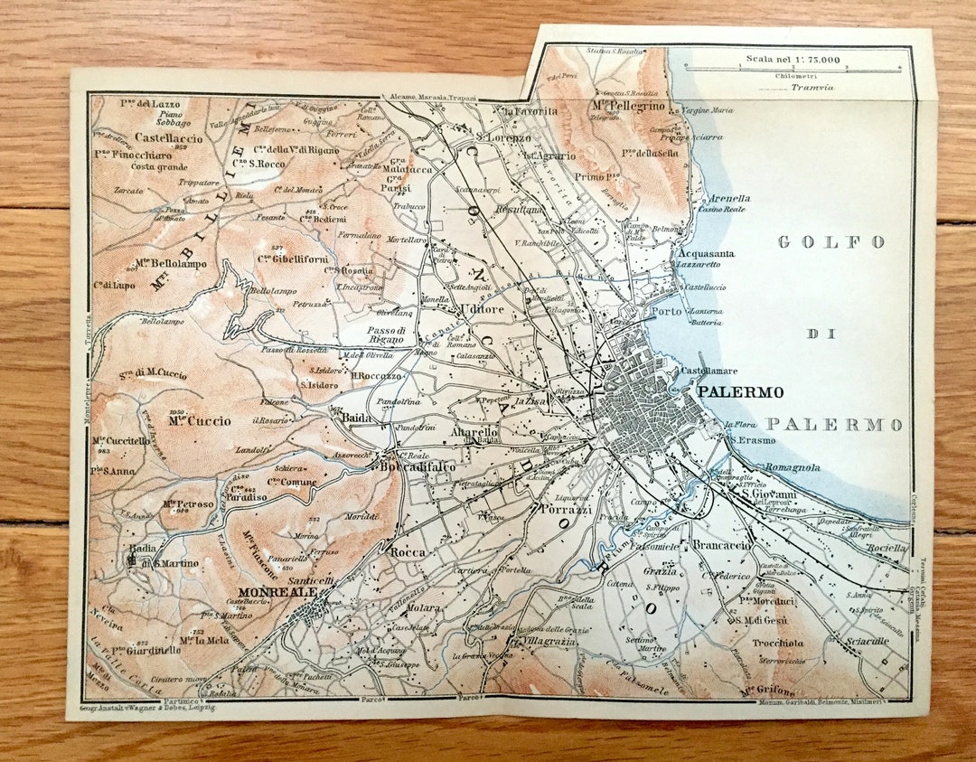 Antique 1893 Palermo, Italy Map From Baedekers Guide – Sicily, Monreale ...