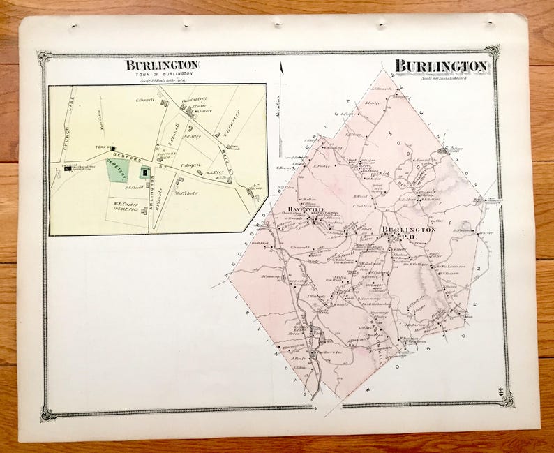 Antique 1875 Woburn & Burlington Massachusetts Map From J.B. | Etsy