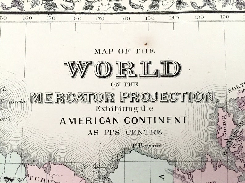Antique 1871 World Mercator Map by S. Augustus Mitchell – North, South ...