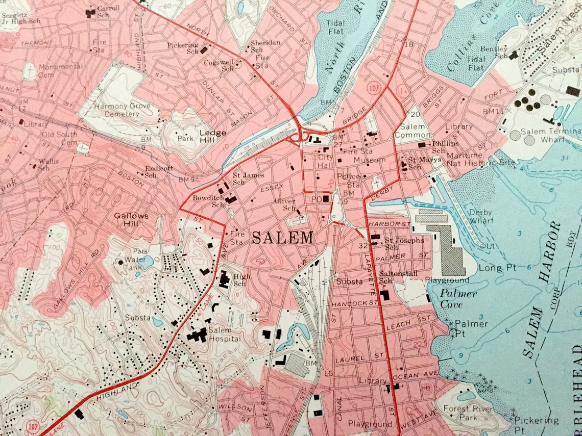 Antique Salem Massachusetts 1970 Mapa Topográfico del | Etsy
