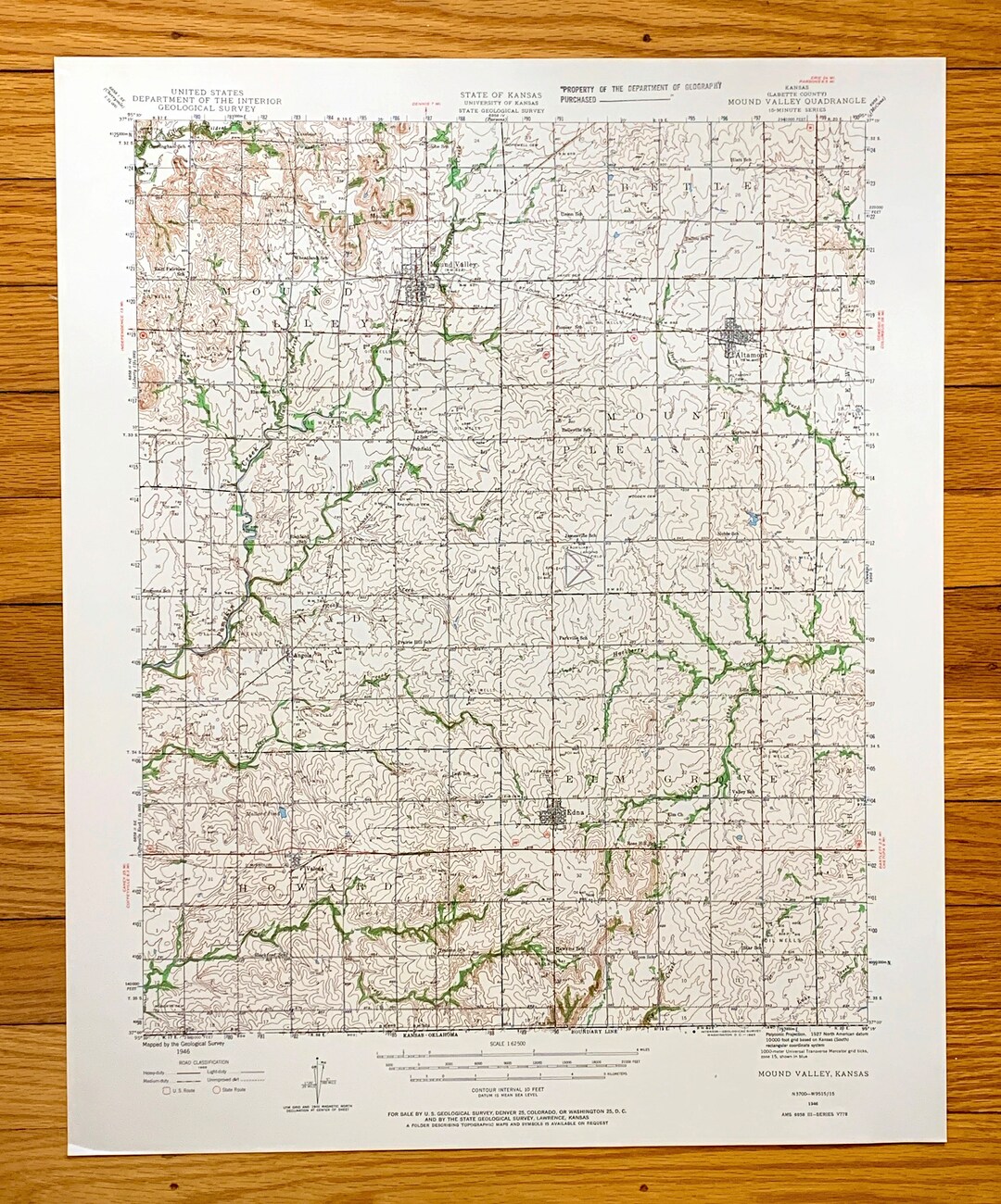 Antique Mound Valley, Kansas 1946 US Geological Survey Topographic Map ...