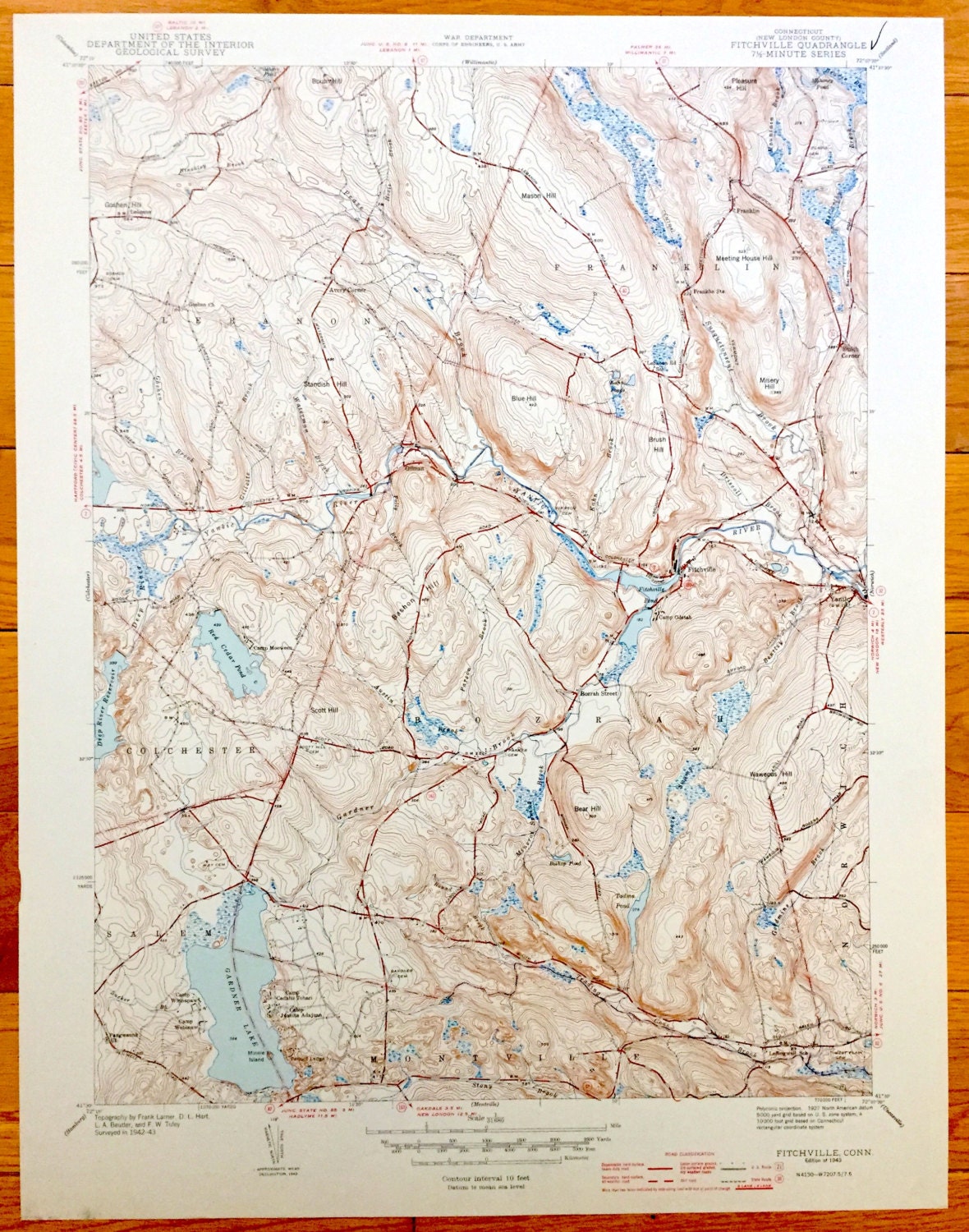 Antique Fitchville, Connecticut 1943 US Geological Survey Topographic ...