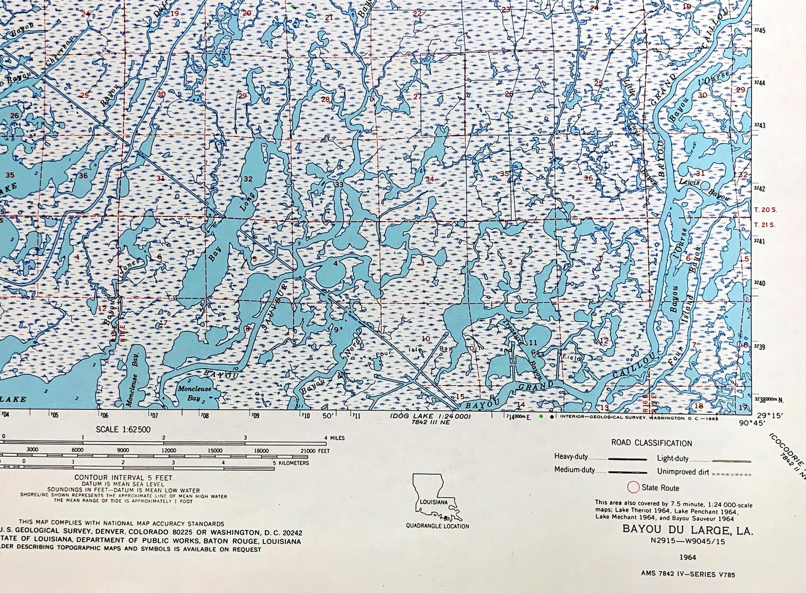 Antique Bayou Du Large, Louisiana 1964 US Geological Survey Topographic ...