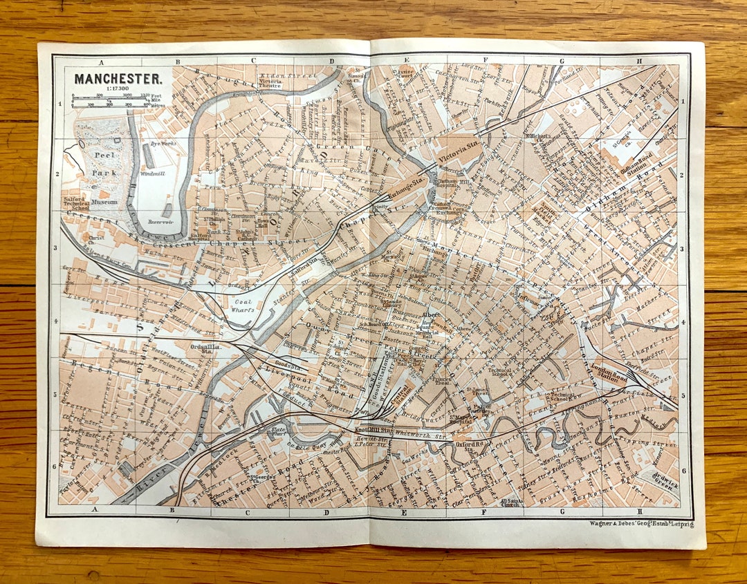 Antique 1906 Manchester, England Map From Baedekers Atlas of Great ...