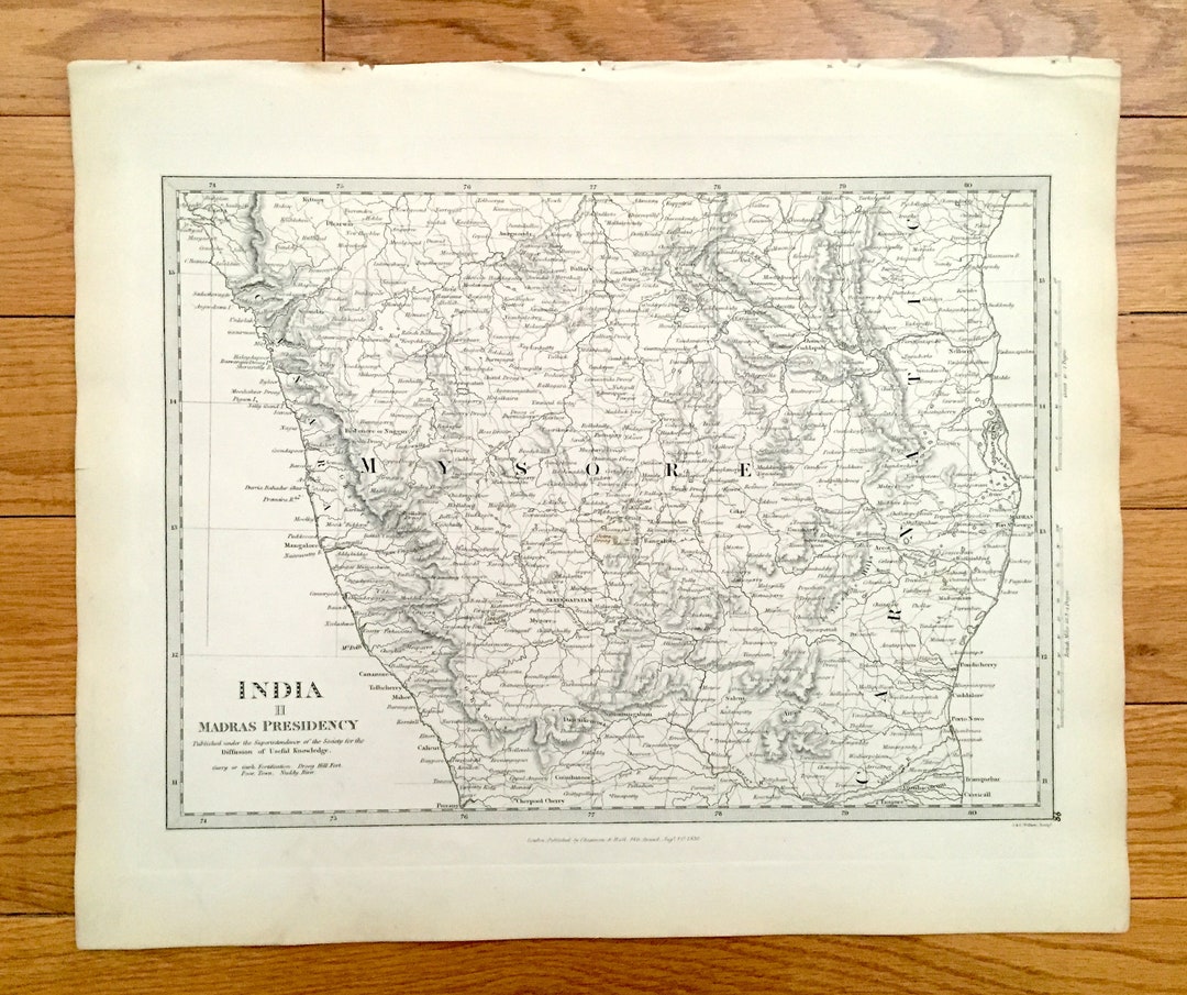 Antique 1831 India Map From SDUK Atlas – Madras, Bangalore, Mysore ...