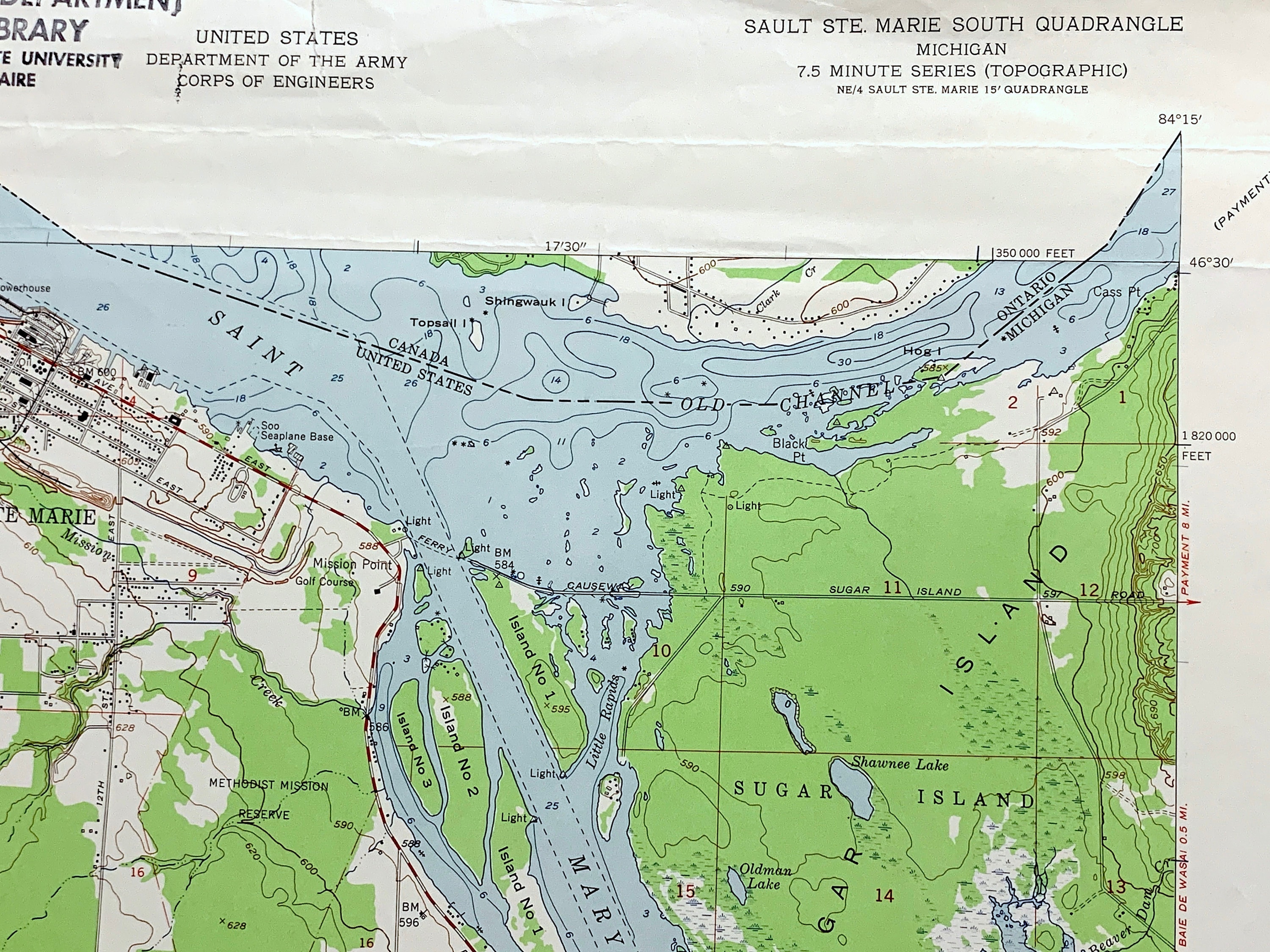 Antique Sault Ste Marie, Michigan 1951 US Geological Survey Topographic ...