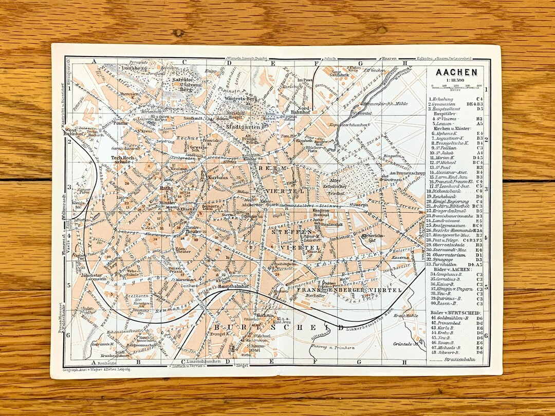 Antique 1911 Aachen, Germany Map From Baedekers Guide Atlas – North ...