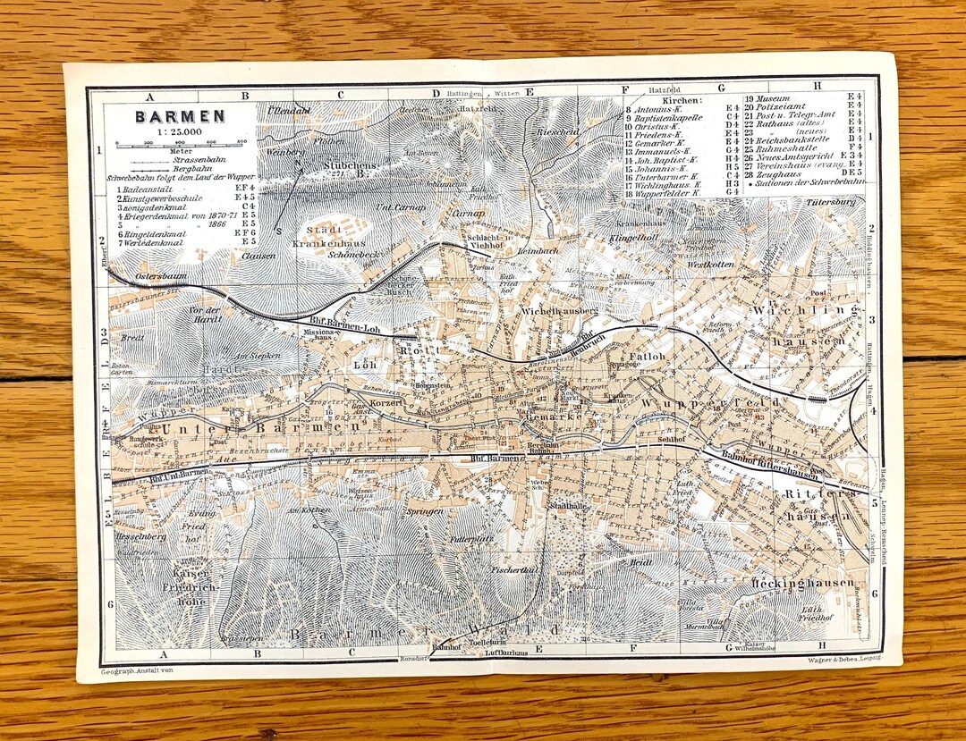 Antique 1911 Barmen Wuppertal, Germany Map From Baedekers Guide Atlas ...