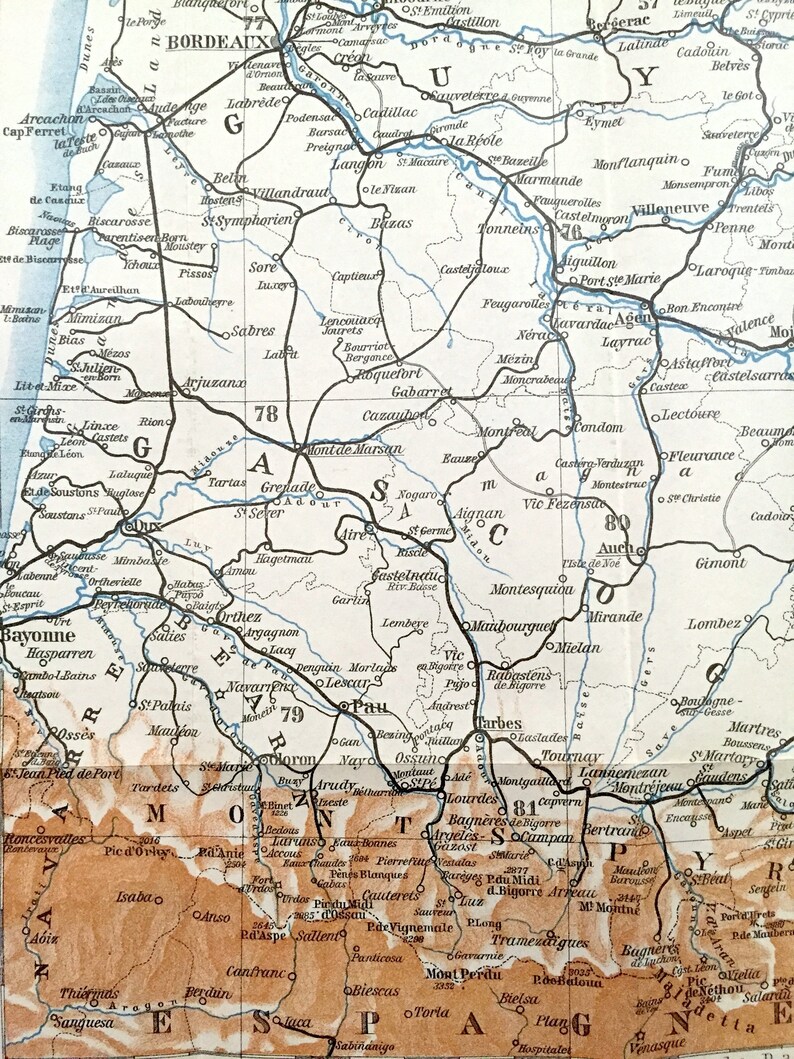 Antique 1914 Southwest France Map From Baedekers Guide Atlas | Etsy