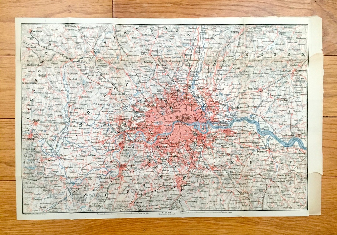 Antique 1902 London Map From Baedekers Atlas – Middlesex, Essex, Surrey ...