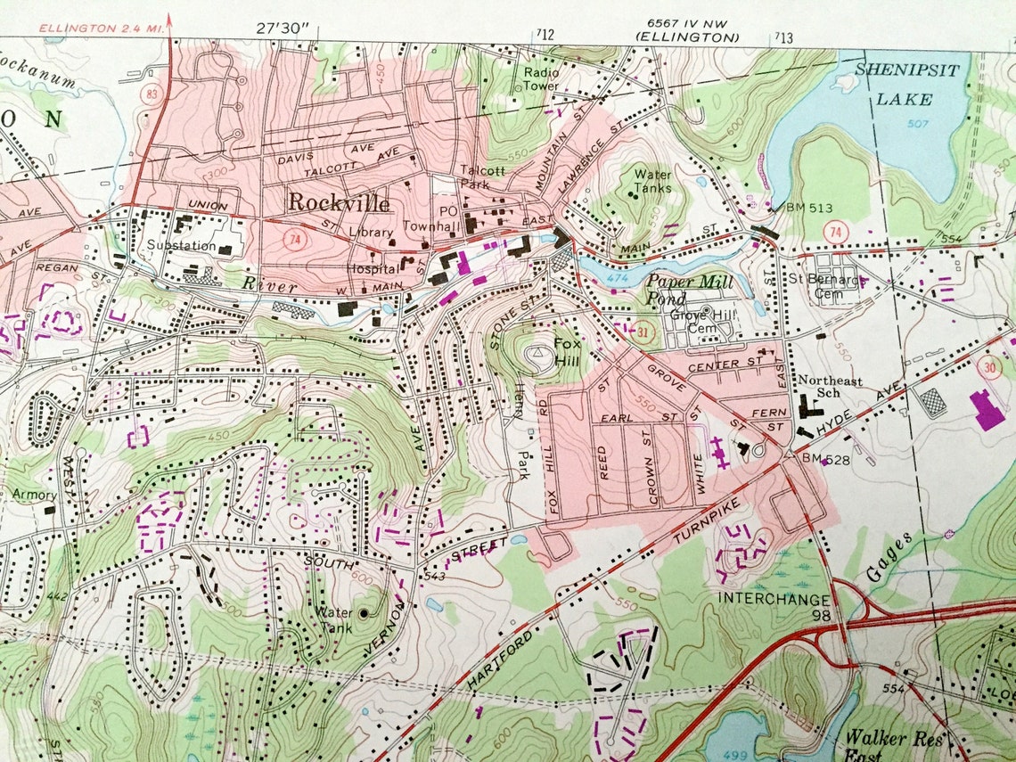 Antique Rockville, Connecticut 1967 US Geological Survey Topographic ...