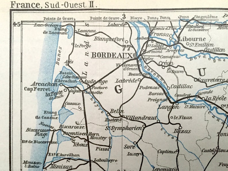 Antique 1914 Southwest France Map From Baedekers Guide Atlas | Etsy