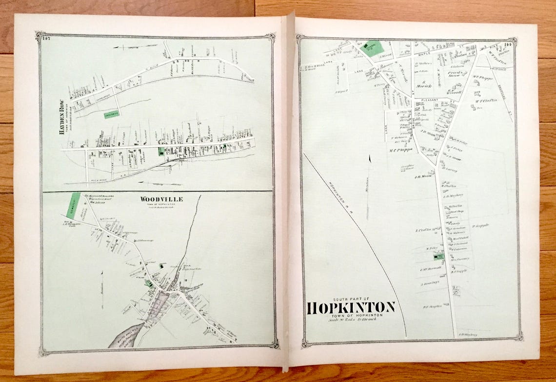 Antique 1875 Hopkinton Massachusetts Map From J.B. Beers - Etsy