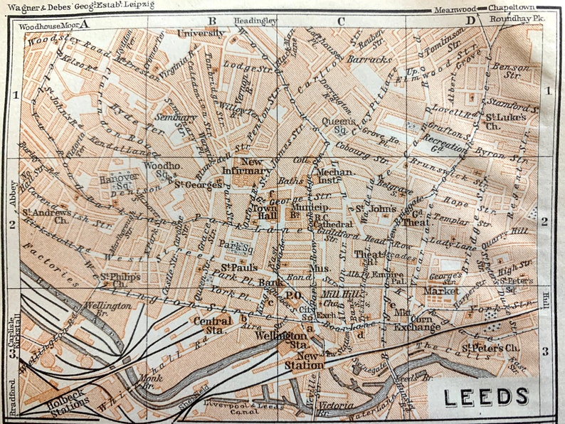 Antique 1906 Leeds & Bradford, England Map From Baedekers Atlas of ...
