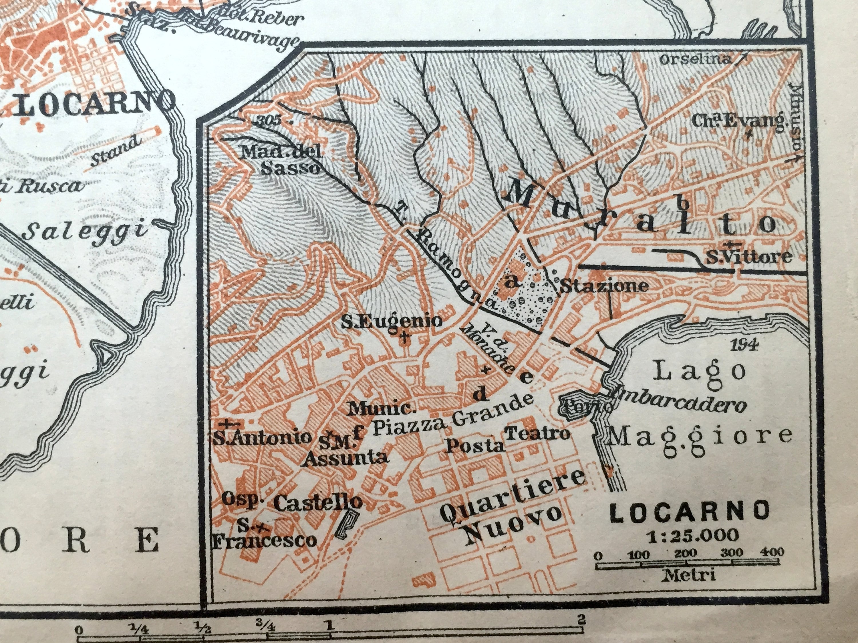 Antique 1904 Locarno, Switzerland Map From Baedekers Guide – Lago ...