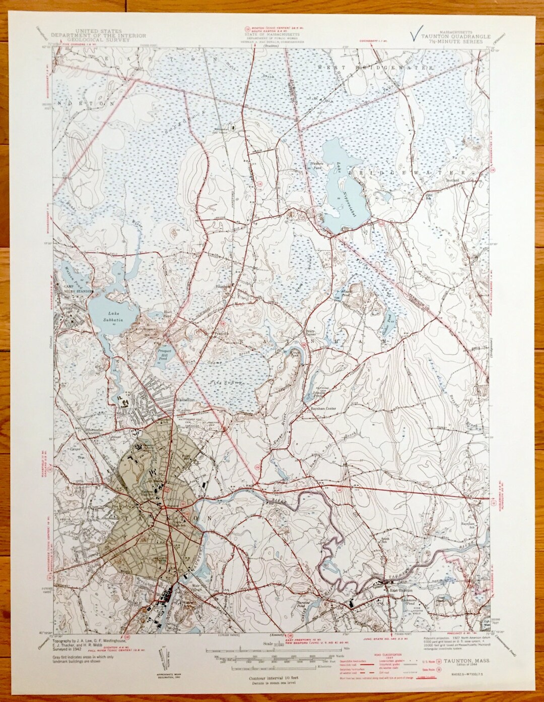 Antique Taunton, Massachusetts 1944 US Geological Survey Topographic ...