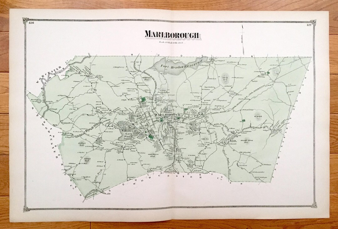 Antique 1875 Marlborough, Massachusetts Map From J.B. Beers Atlas of ...