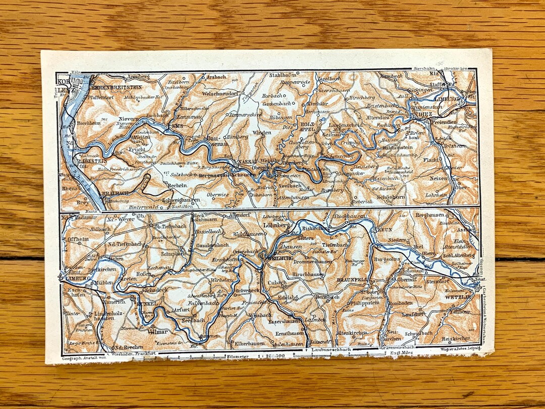 Antique 1911 Lahn River, Germany Map From Baedekers Guide Atlas ...