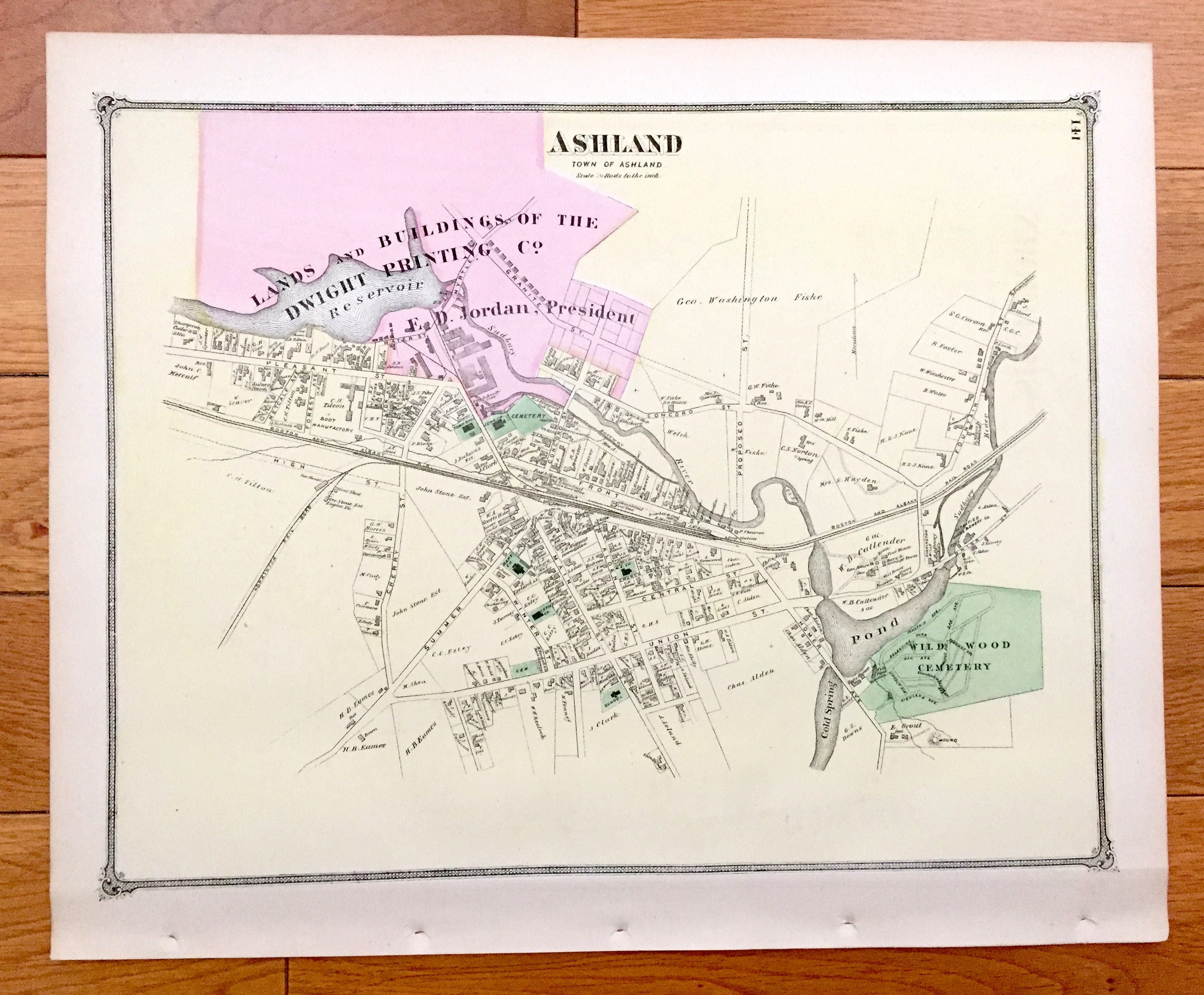 Antique 1875 Ashland, Massachusetts Map From J.B. Beers Atlas of ...