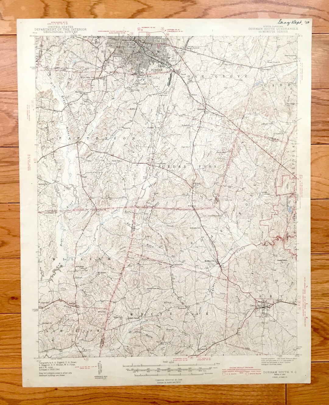 Antique Durham, North Carolina 1943 US Geological Survey Topographic ...