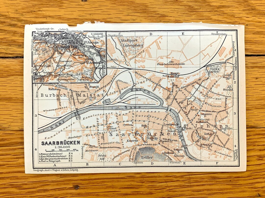 Antique 1911 Saarbrücken, Germany Map From Baedekers Guide Atlas ...