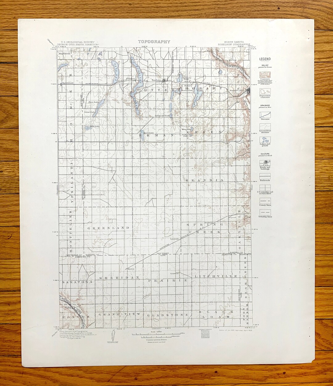 Antique Eckelson, North Dakota 1897 US Geological Survey Topographic ...